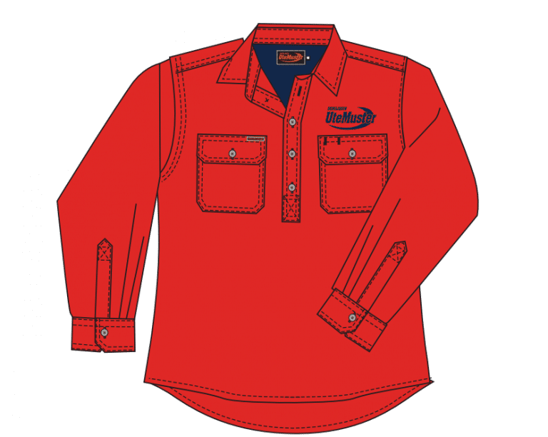 Mens Red Long Sleeve Work Shirt - Navy Logo - Deni Ute Muster